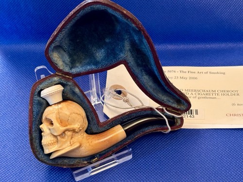 ANTIQUE MEERSCHAUM SKULL CHEROOT PIPE. CASED, ALFRED DUNHILL PRIVATE ...