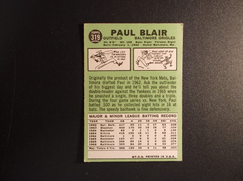 1967 Topps Baseball Paul Blair Card # 319 | eBay