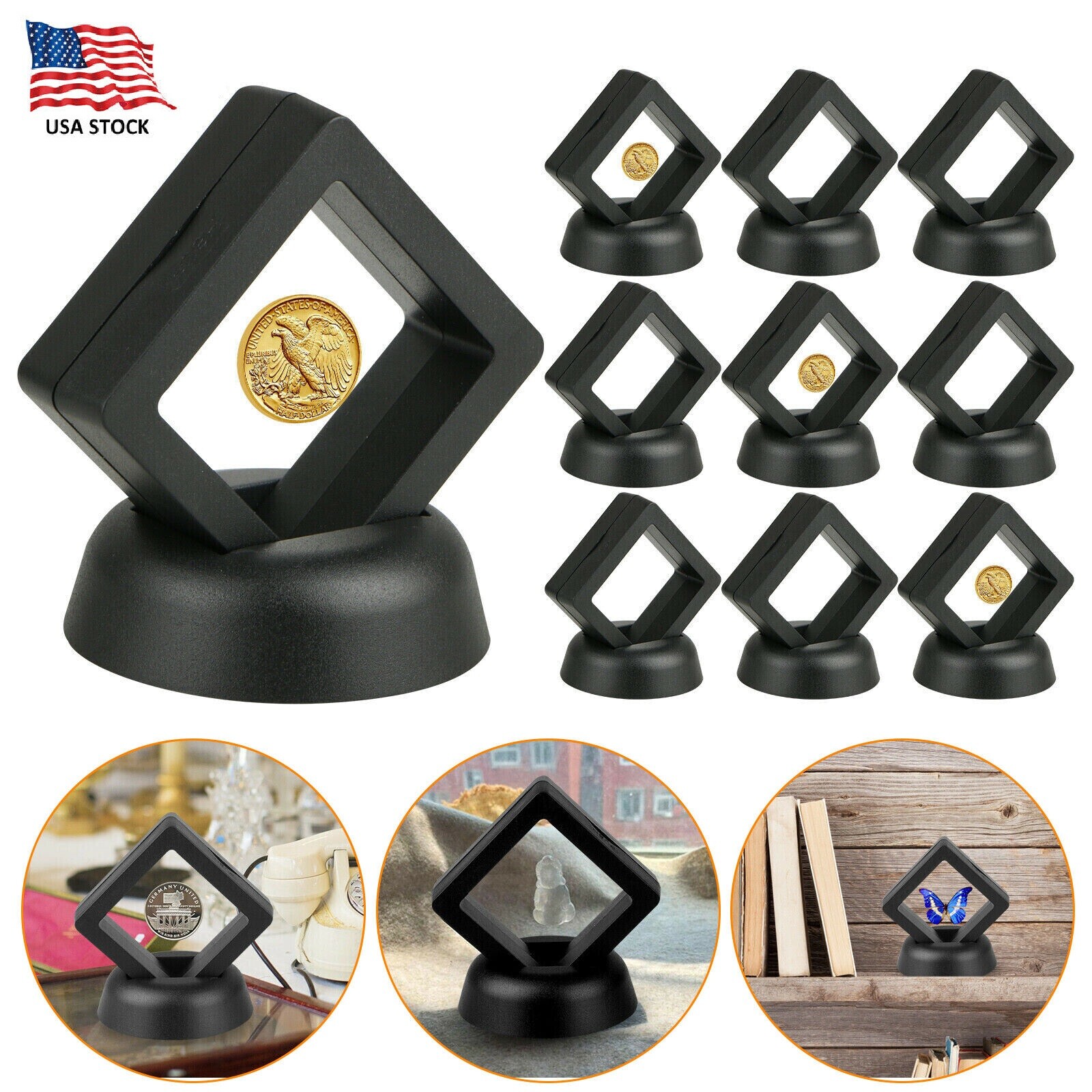 5×3D Floating Coin Display Frame Stand Holder Case Box For Jewelry ...