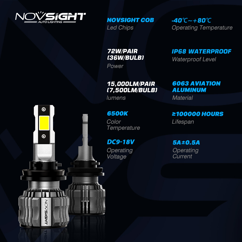 NOVSIGHT H11 H8 H9 LED HEADLIGHT BULBS HIGH LOW BEAM 15000LM 6500K PLUG ...