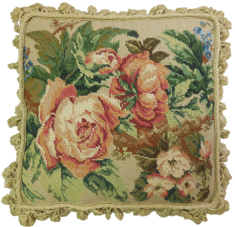 Wool Needlepoint Pillow | Handmade Wool Cabbage Roses Throw Cushion ...