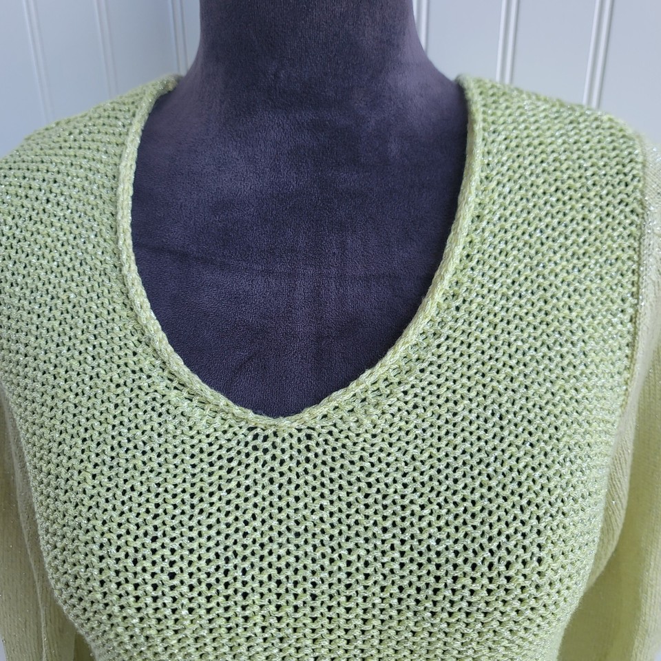 Chico's Women's Light Green Metallic Lurex Pullover Sweater V-Neck Knit ...