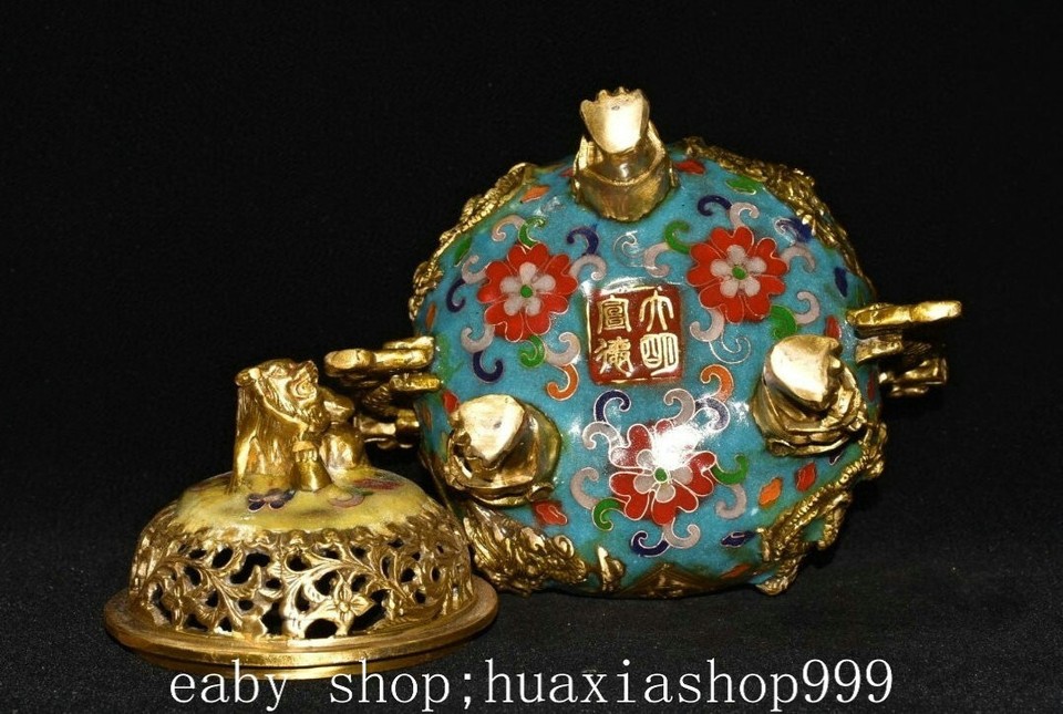 8.2"Cloisonne Enamel Bronze Filigree Gilt Dragon Lion Beast ...