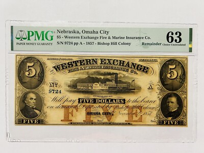 USA, PMG, Western Exchange, Nebraska Omaha City,(1857) $5,Dollars ...