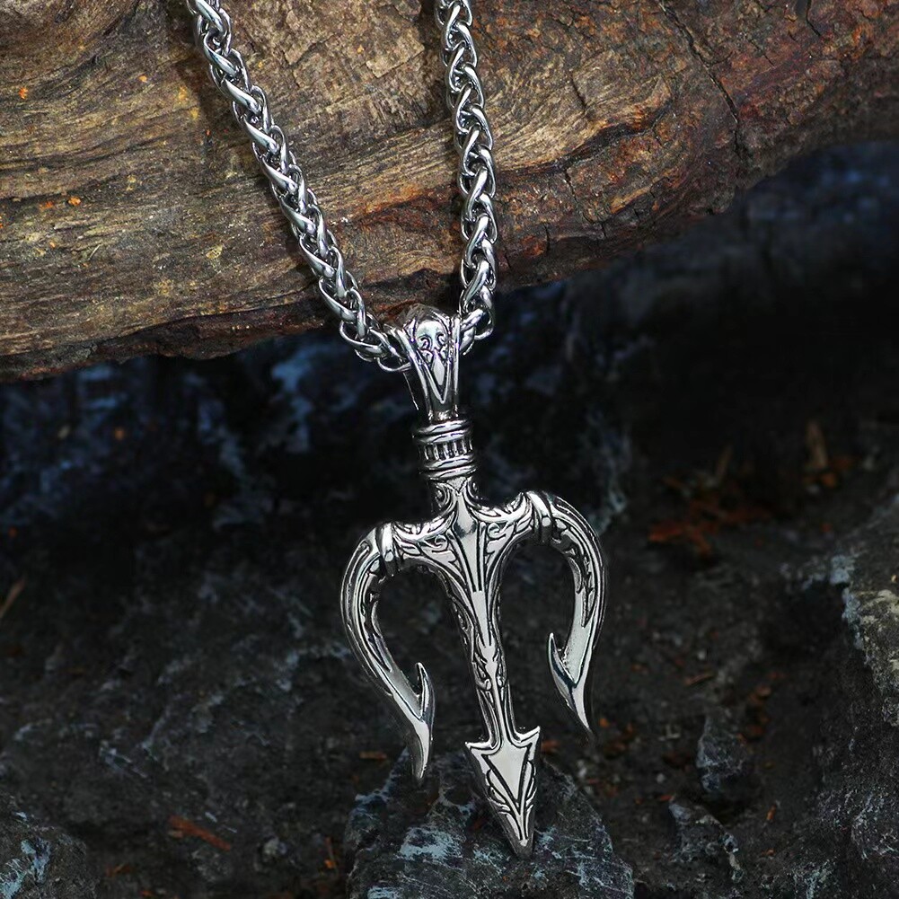 Mens Silver Poseidon Trident Pendant Punk Rock Biker Necklace Braided Chain 24" | eBay