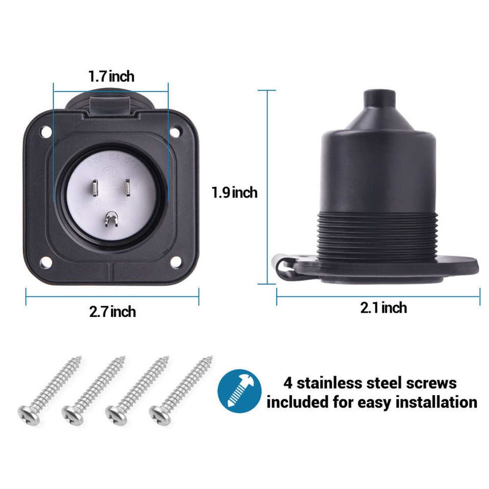 125V Shore Power Inlet Port Plug NEMA 5-15P Male Receptacle RV Flanged ...