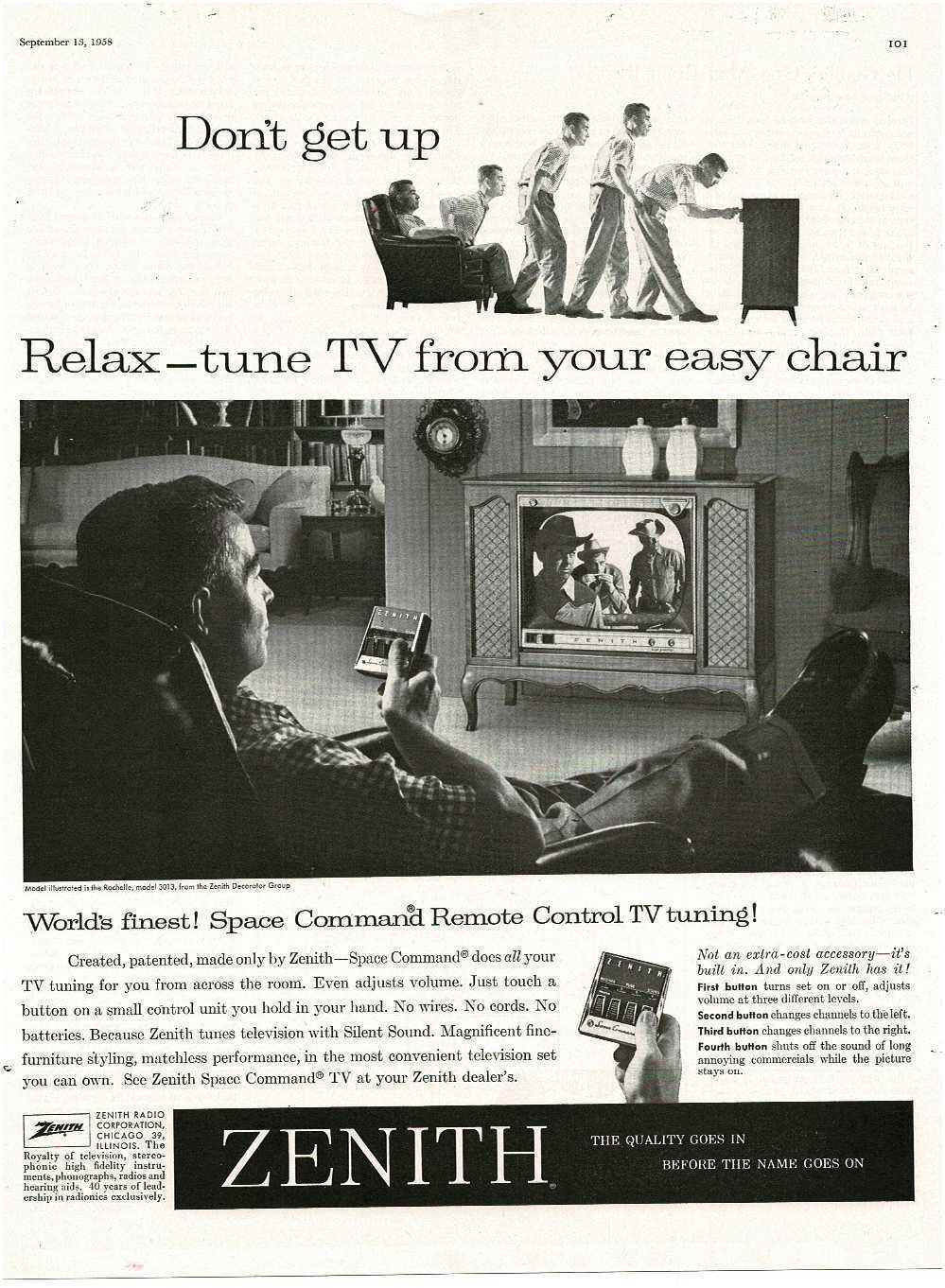 1958 ZENITH Rochelle Model 3013 TV Television w/ Space Command Vintage ...