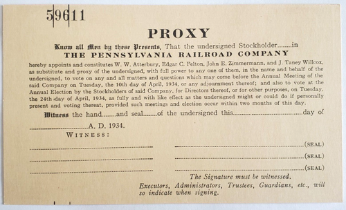 1934 Postcard, Business Reply PROXY, Pennsylvania Railroad Company ...