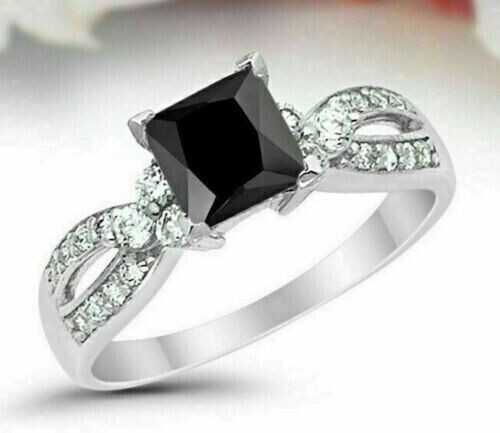 3CT Princess Lab Created Black Diamond Engagement Women Ring 925 ...