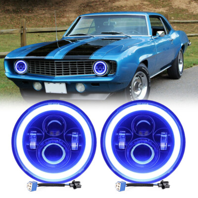 FOR 1969-1981 Chevy Camaro Pair 7" inch LED Headlights Blue Halo DRL Hi ...