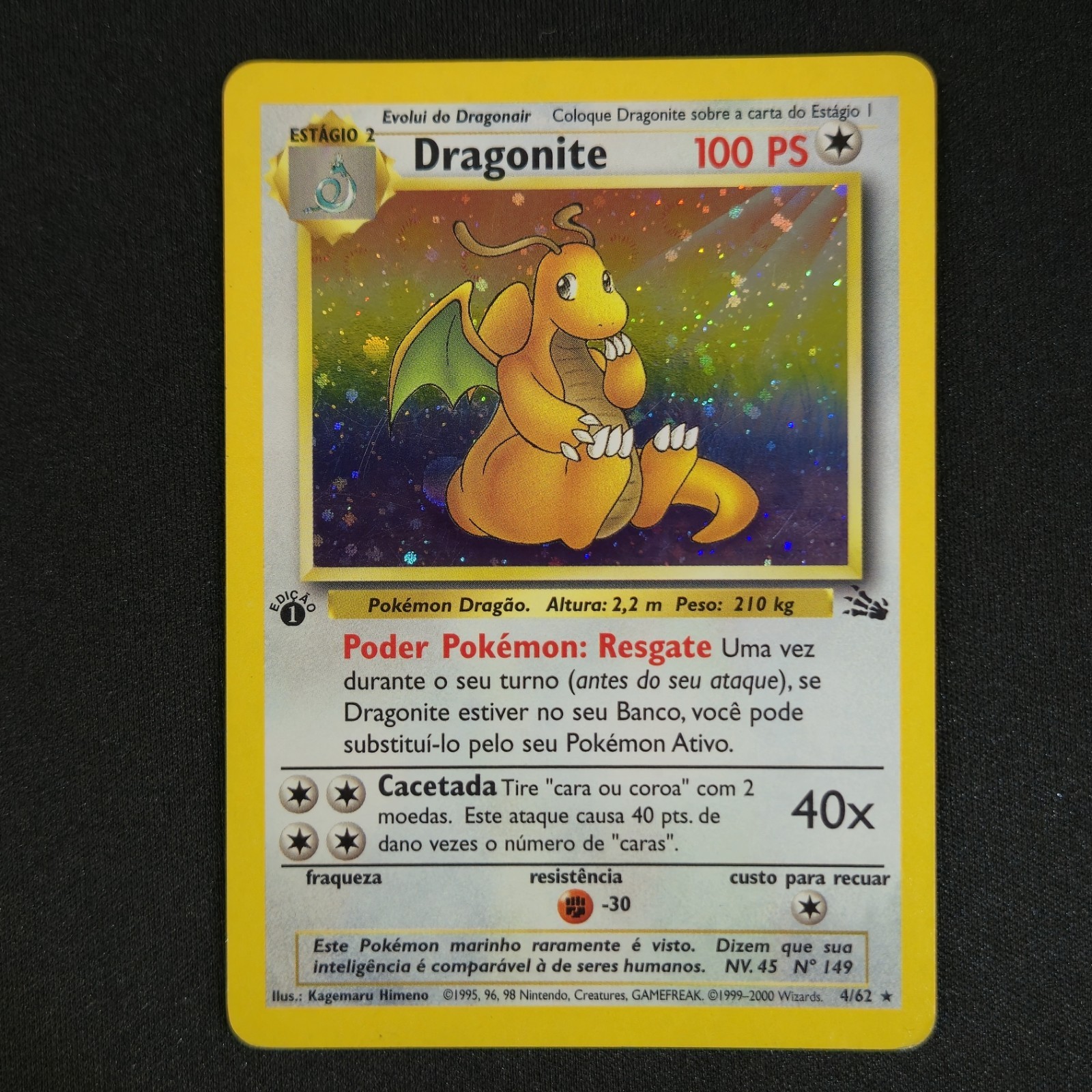 Portuguese 1st Edition Dragonite 4 62 Fossil Holo Rare Nintendo Pokemon