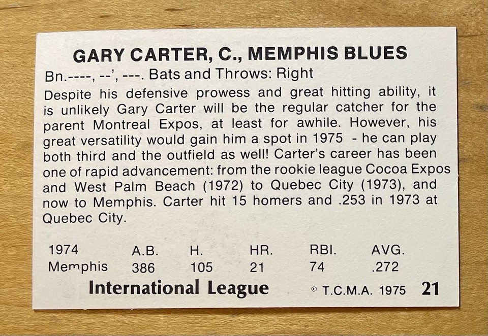 Gary Carter 1975 T.C.M.A. #21 Memphis Blues Rare Minor League Card NM ...