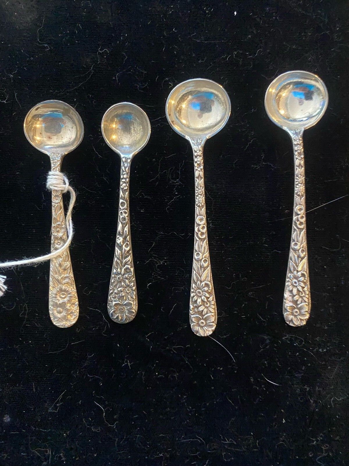 KIRK REPOUSSE STERLING SALT SPOONS 2 IND. AND 2 MASTER SALTS ALL 4 REAL ...