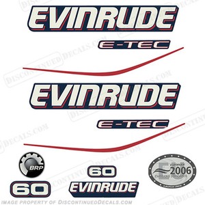 Evinrude 60hp Blue Cowl E-Tec Outboard Decals- 2004 2005 2006 2007 2008 ...