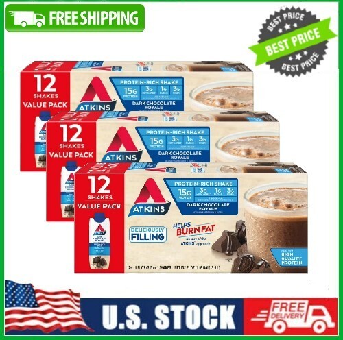 3 Pack Atkins 15g Protein Shake Dark Chocolate Royale, High Protein, 12 ...