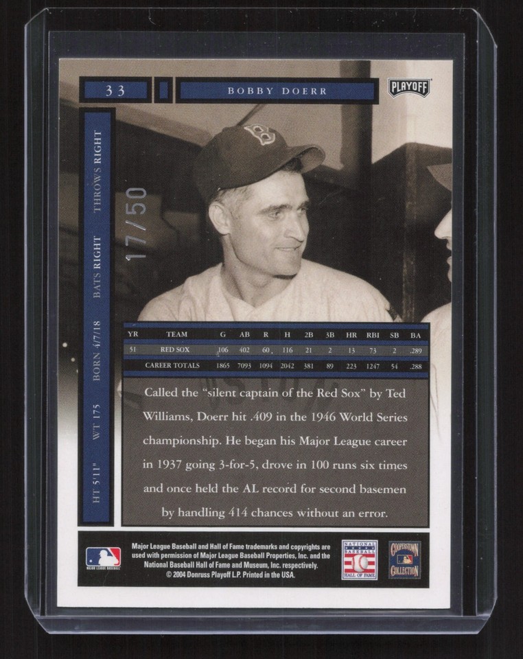 2004 Playoff Honors Bobby Doerr Silver Credits /50 #33 Boston Red Sox ...