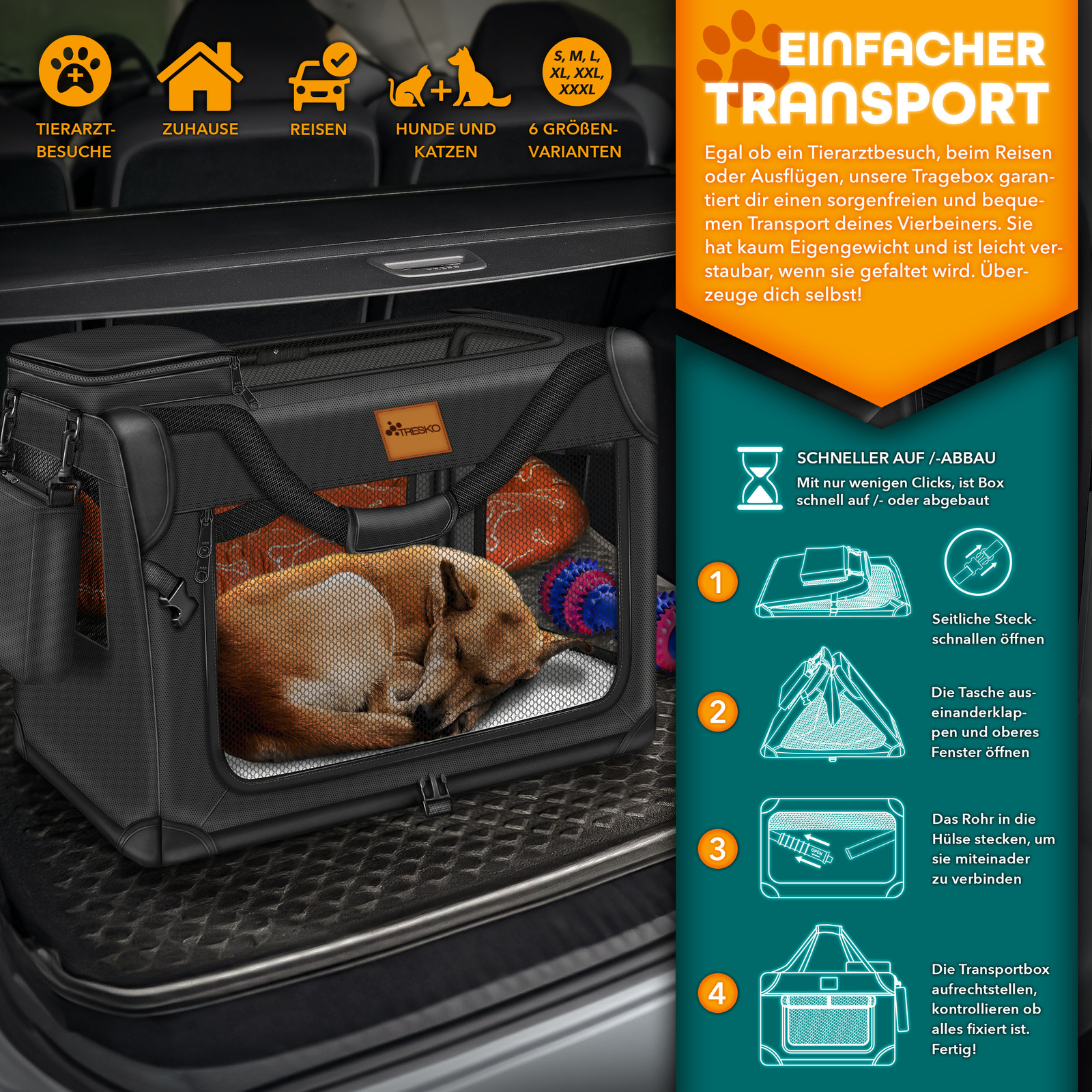 TRESKO® Hundebox faltbar Hunde Transportbox Auto Transporttasche ...