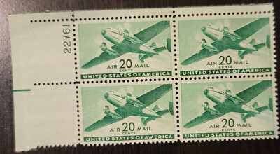Scott #C29 Twin-motored Green Transport Plane Plate Block of 4 Stamps ...