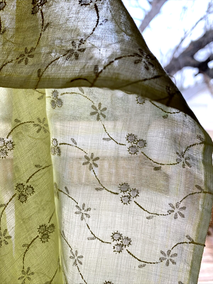 NEW Vintage YELLOW Semi Sheer Embroidered Cotton Blend Fabric White ...