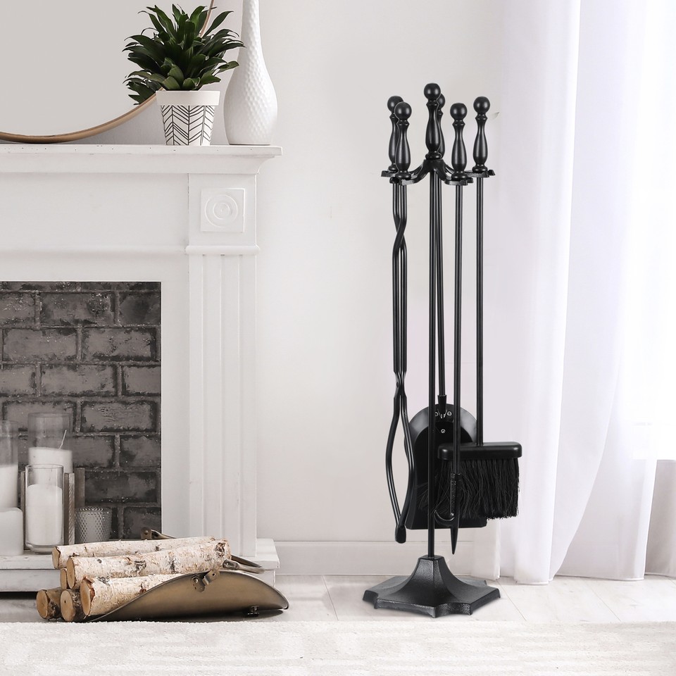 5PCS Fireplace Tools Wrought Iron Large Fire Tool Set and Holder w ...