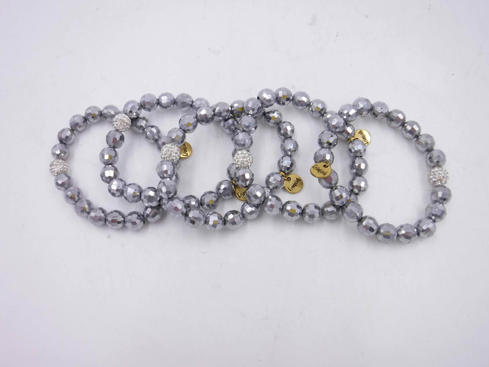 SET OF 5 Ermish Bracelets Shiny Silver with White Bead, Stretchy, Fits ...