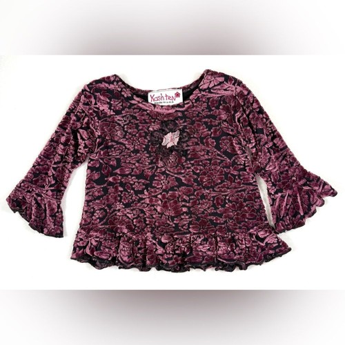 KASH TEN Toddler Girls’ Y2K Burnt Out Velvet Ruffle Flower Appliqué Top ...