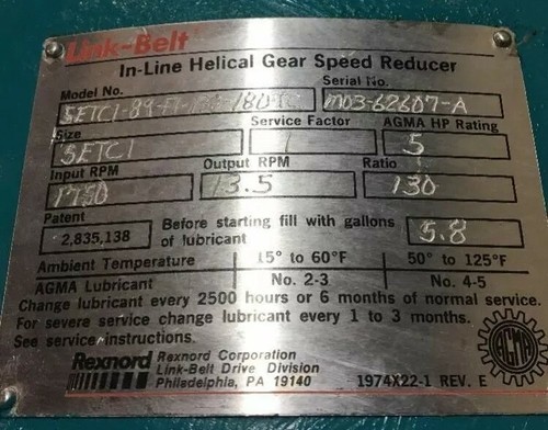 Link-Belt In-Line Helical Gear Speed Reducer 5ECT1-89-F1-130-180TC ...