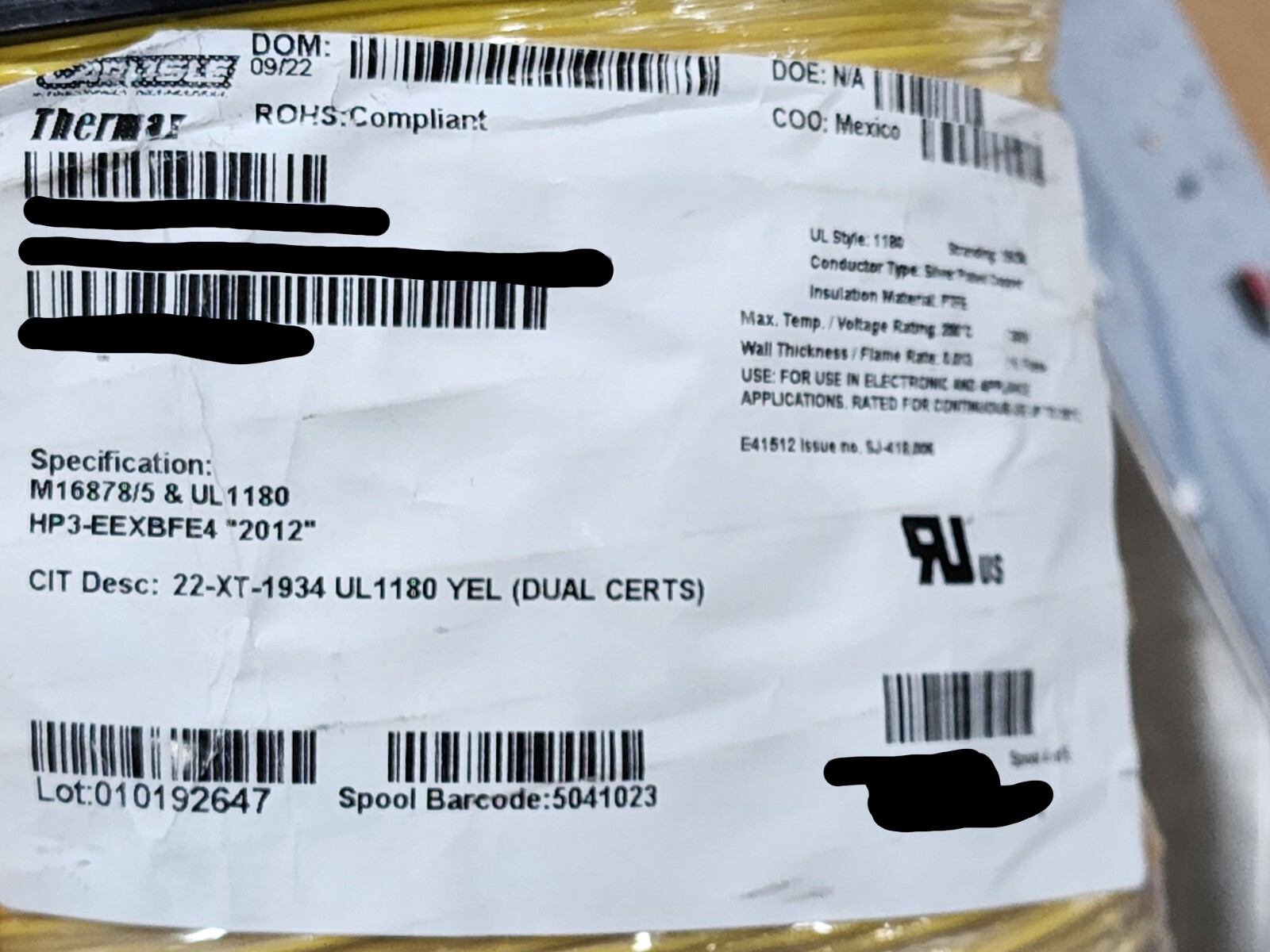 Carlisle/Thermax #22awg UL-1180 SPC PTFE M16878/5-22-4 Type EE Wire ...