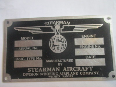 Type Plate Boeing Stearman Aircraft ID Plate Tag S87 S58 S72 | eBay