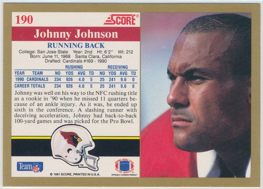 Johnny Johnson - Phoenix Cardinals - 1991 Score Football - Base - #190 ...