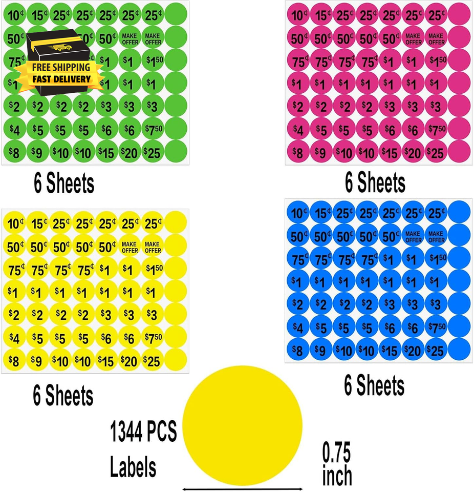 Yards Sale Stickers, 3/4" Garage Sale Price Stickers Colored Price Tags ...