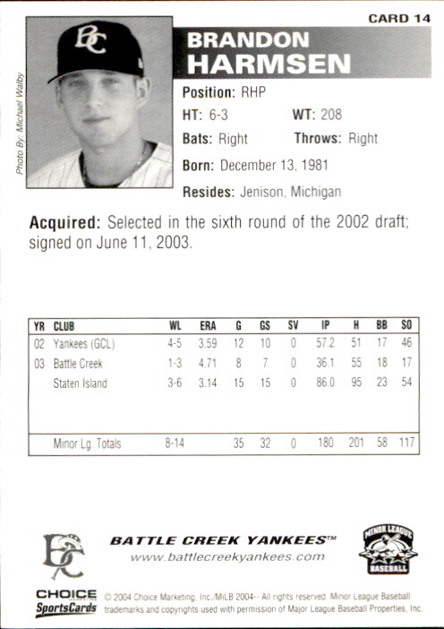 2004 Battle Creek Yankees #14 Brandon Harmsen Jenison Michigan MI ...