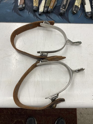 Vintage Pair Aluminum Spurs W/ Straps 10 Point Rowel Cowboy Western ...