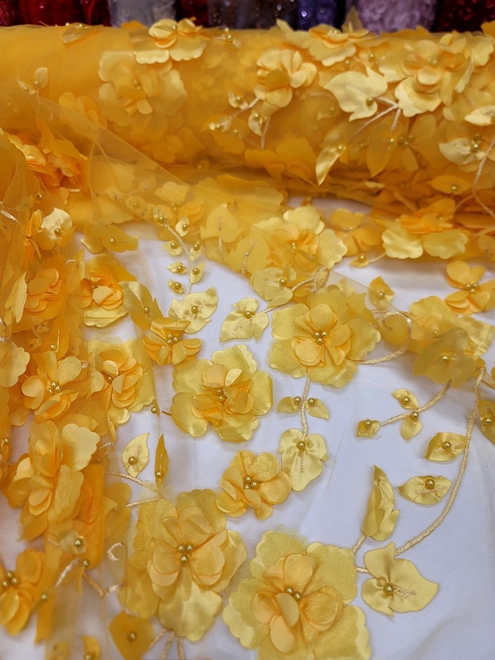 Yellow Lace Fabric Sold By The Yard 3d Floral Lace Embroidery Pearls ...