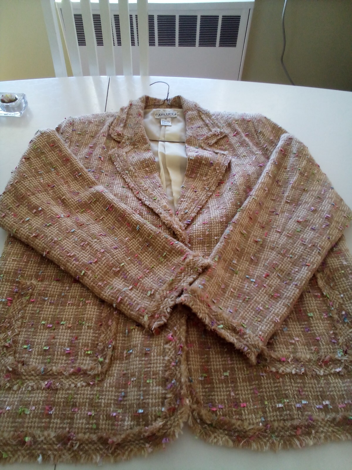 Distressed Beige Tweed Jacket With Multi Colored Ribb… - Gem