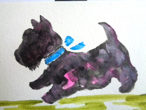 ATC ACEO - BLACK SCOTTISH TERRIER DOG Watercolor Painting COLLECTIBLE ...