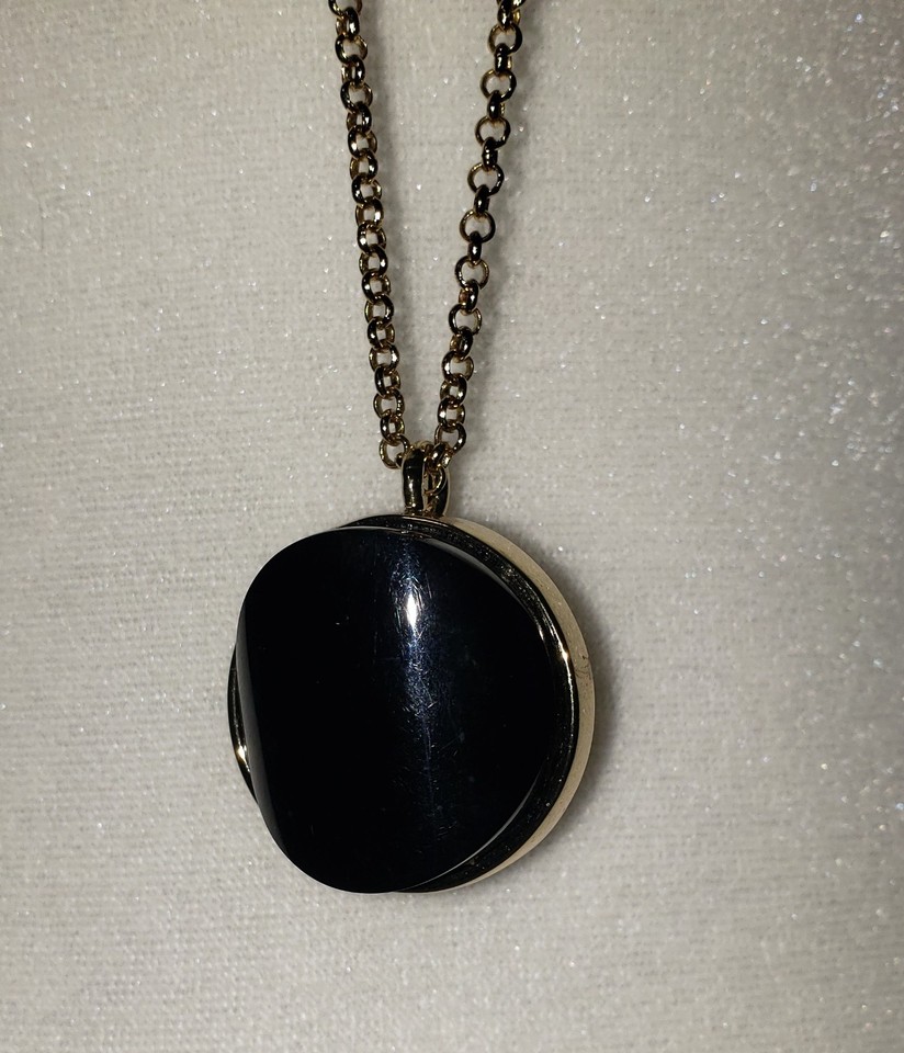 Vintage Long Black Obsidian Stone Pendant Necklace 40" Gold Tone Chain ...
