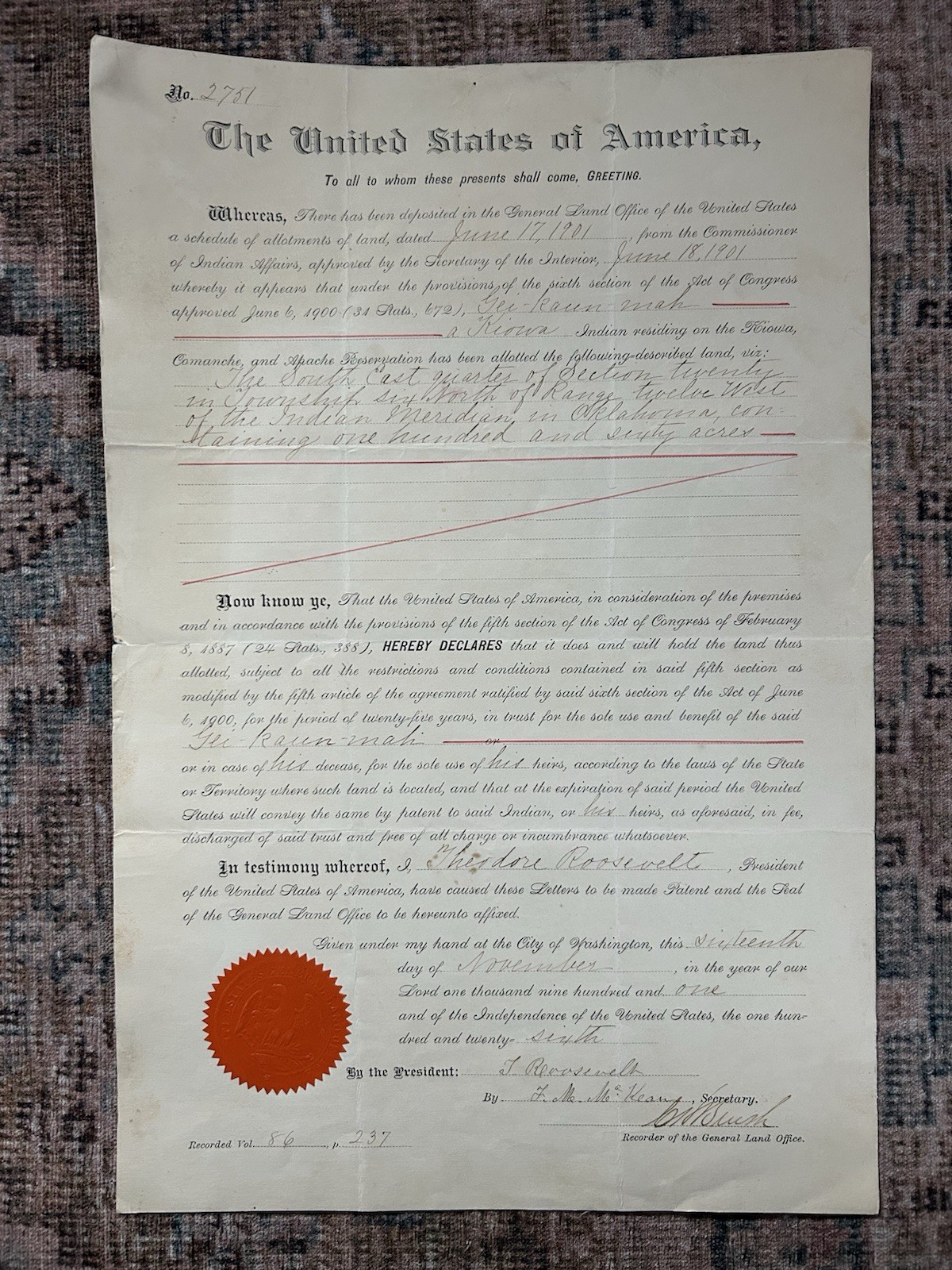 1901 United States Land Grant Document to Kiowa Indian, Roosevelt