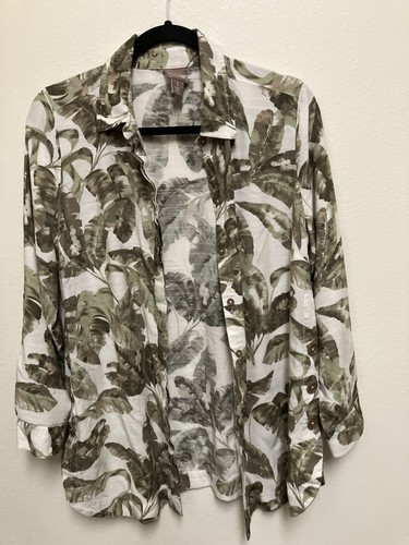 Chicos Size 1 Medium Green Floral Front Button LS Roll Tab Blouse | eBay