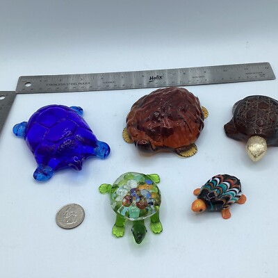 5 Glass Turtles Figurines Collectible Mantorp Sweden FF Blue Tortoise ...