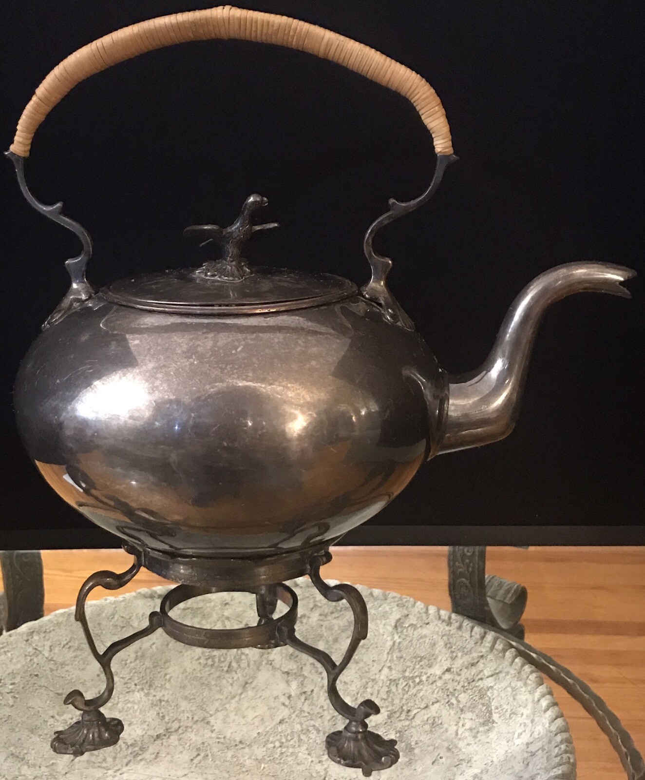 HANDMADE HAND WROUGHT EARLY AMERICAN COLONIAL REEDED TEAPOT AND STAND ...