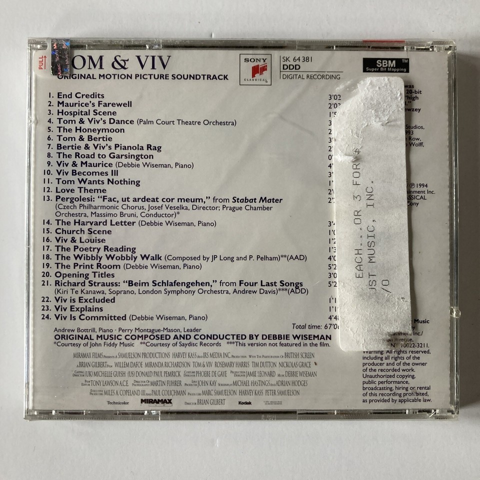 Tom & Viv by Debbie Wiseman (CD, Dec-1994, Sony Music Distribution (USA ...