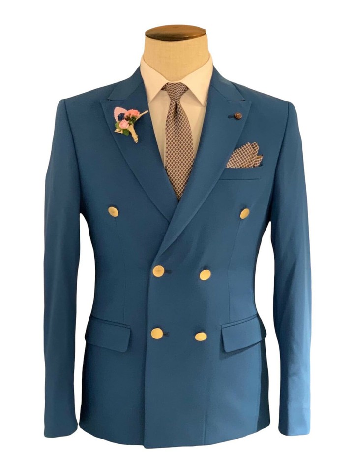 Designer Blue Two Rows of Buttons Double Row Jacket Golden Fitted Fit ...