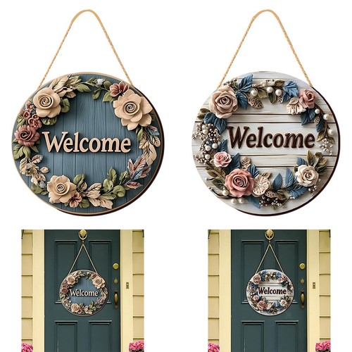 2Pcs Floral Welcome Signs 2D Front Door Office Bedroom Wooden Hanging ...