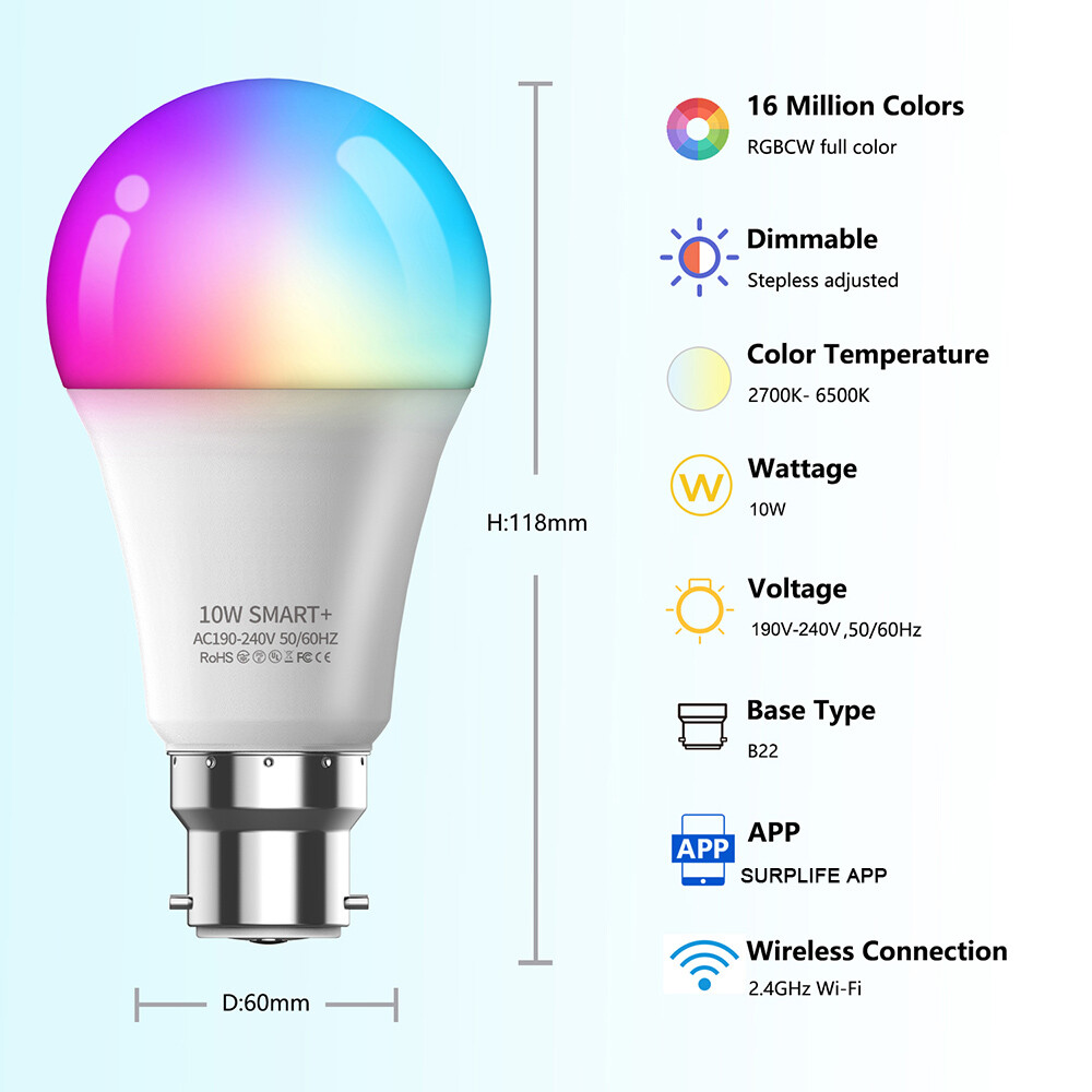 Smart Light Bulb 16 Colour Changing Lamp 10W Remote Control Bayonet ...