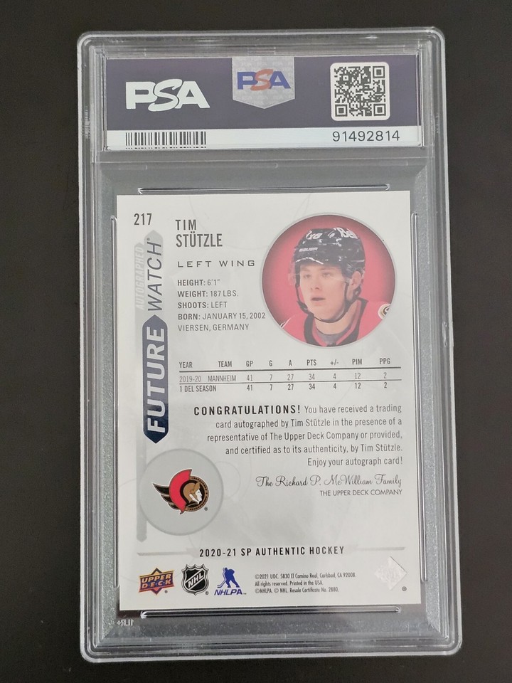 2020-21 SP Authentic - Autographed Future Watch #217 Tim Stutzle /999 ...