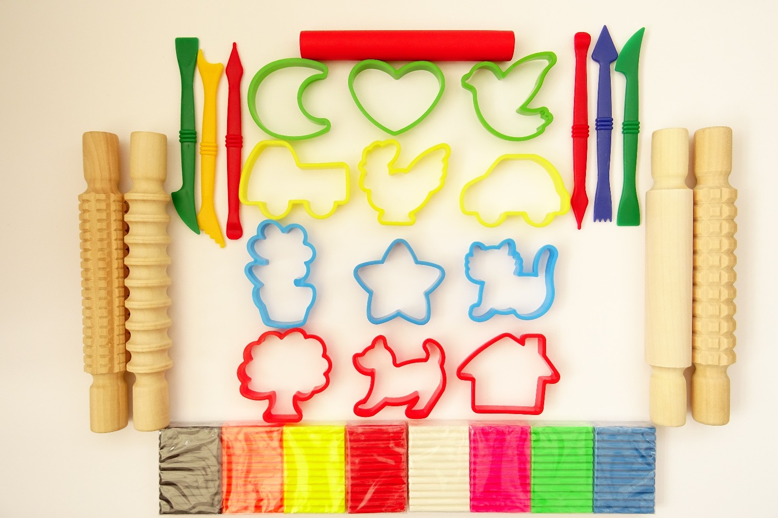 NEON MODELLING DOUGH CRAFT TOOLS WOODEN ROLLING PINS SET - PLASTICINE ...