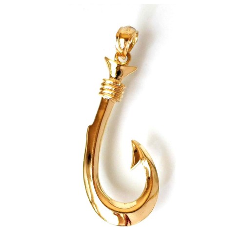 14K Solid Yellow Gold Hawaiian Fish Hook Pendant.Width:6/8” Length:1.5 ...
