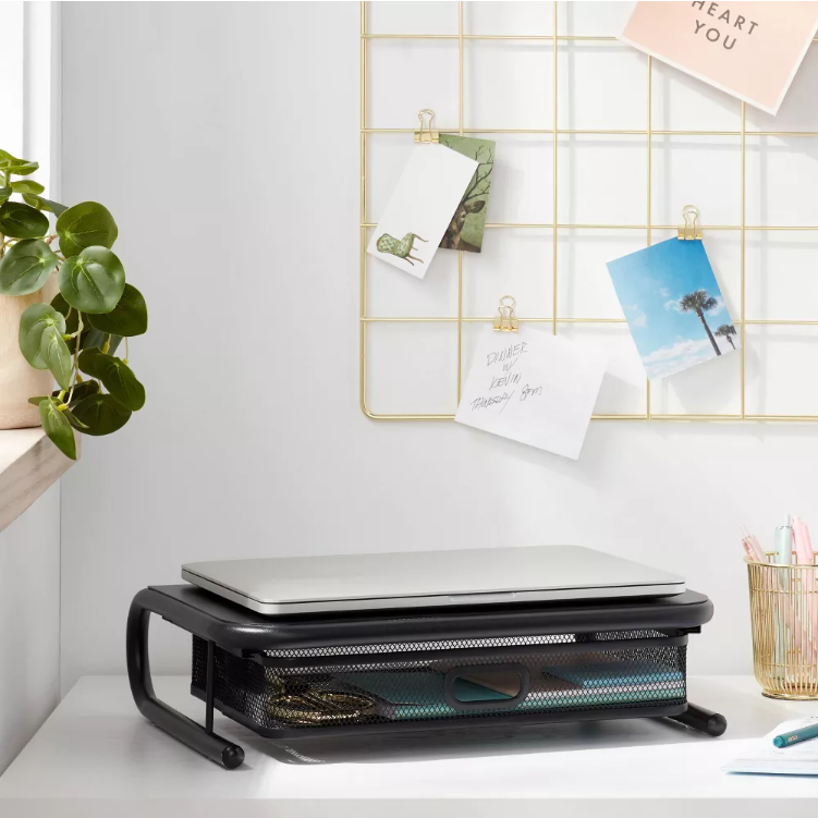 Mesh Monitor Stand with Drawer Black: Metal Monitor Riser, Desk ...