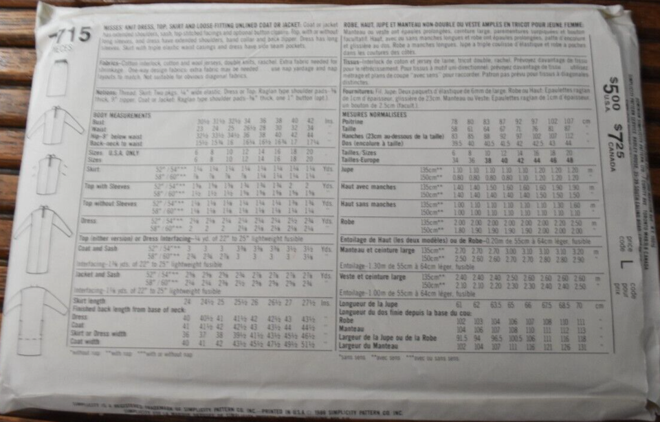 Simplicity 7715 Misses Jiffy Wardrobe Dress Top Skirt Coat Jacket Sz 10 ...